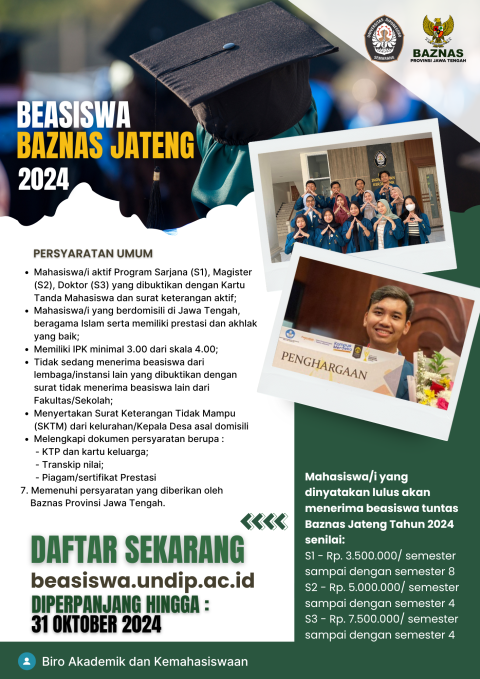 PERPANJANGAN PENDAFTARAN BEASISWA BAZNAS JATENG TAHUN 2024 - Direktorat Kemahasiswaan dan Alumni